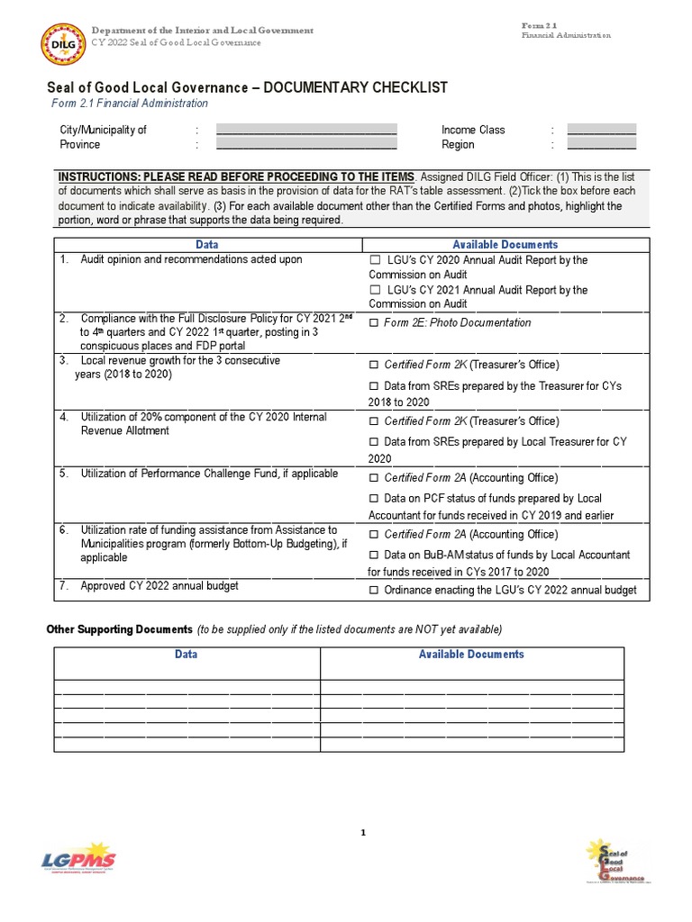 06 - Form 2.1-2.10 - SGLG Documentary Checklist - PCM | PDF | Audit ...