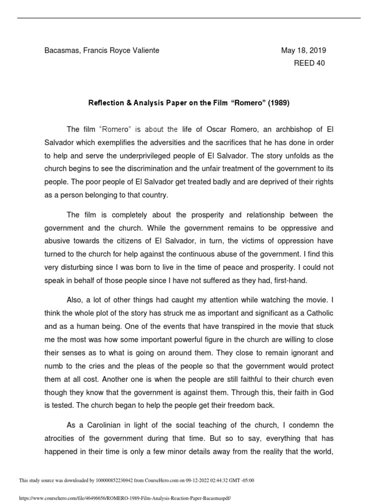 ROMERO 1989 Film Analysis Reaction Paper Bacasmas | PDF | Social Science