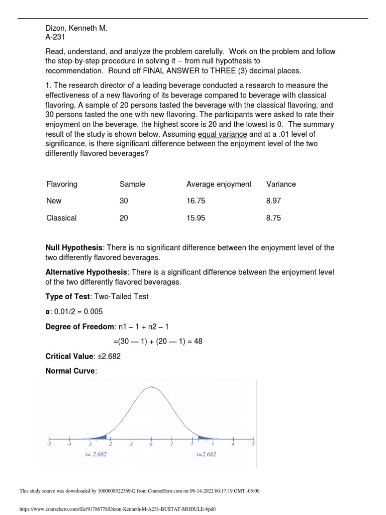 Dizon Kenneth M. A231 Bustat Module 6 | PDF | Null Hypothesis ...