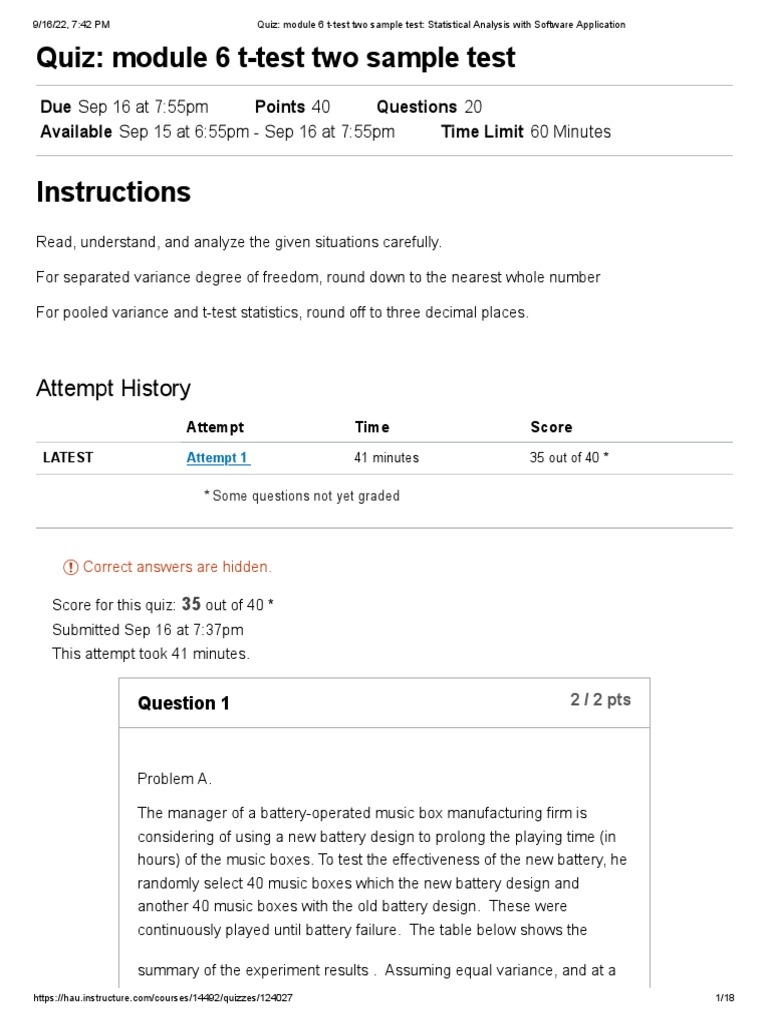 Quiz Module 6 T Test Two Sample Test Statistical Analysis With Software Application Pdf