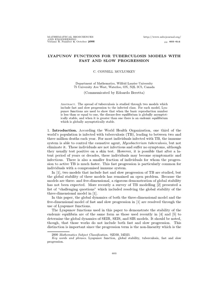 Mathematical Biosciences and Engineering Volume 3, Number 4, October 2006 | PDF | Stability ...