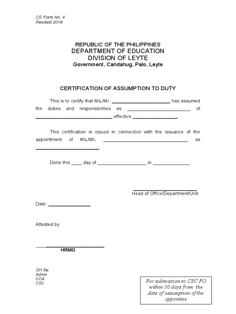 CS Form No. 4 Certification of Assumption To Duty | PDF | Career & Growth