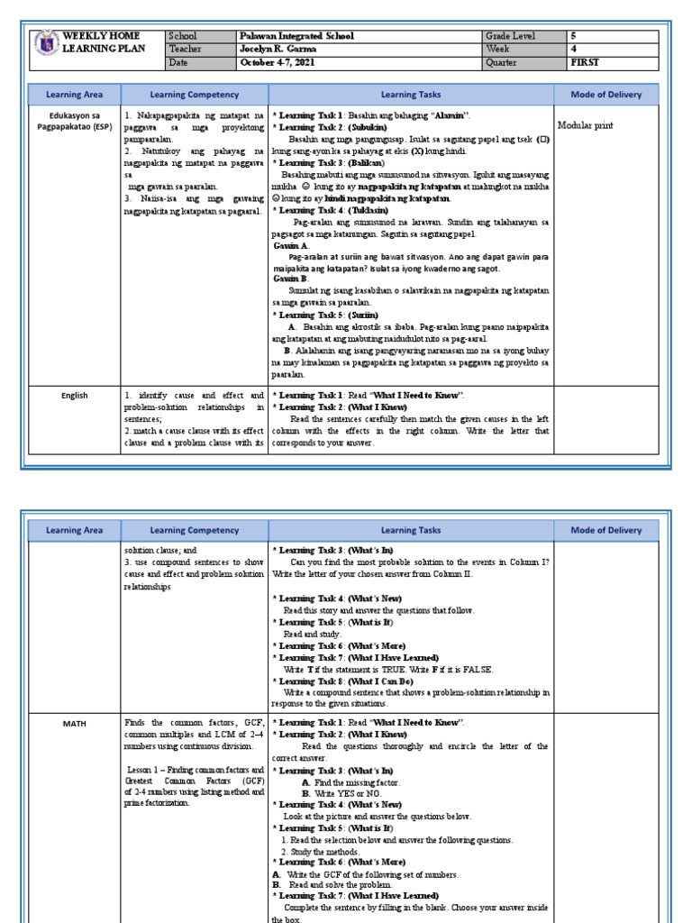 Grade 5 - All Subjects - WHLP - Q1 - W4 | PDF