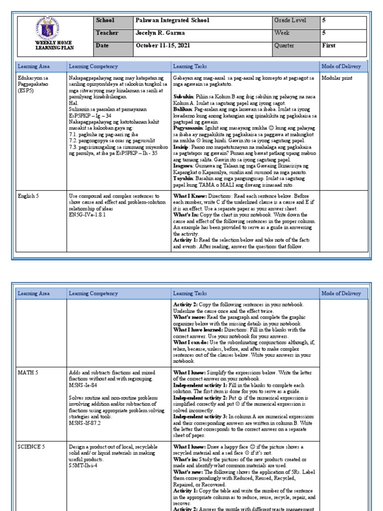 Grade 5 - All Subjects - WHLP - Q1 - W5 | PDF