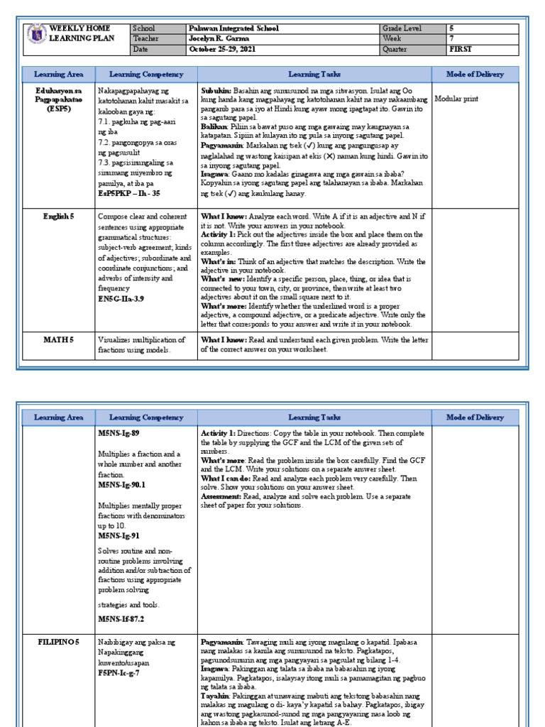 Grade 5 - All Subjects - WHLP - Q1 - W7 | PDF | Language Mechanics | Grammar