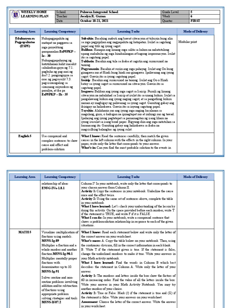 Grade 5 - All Subjects - WHLP - Q1 - W6 | PDF