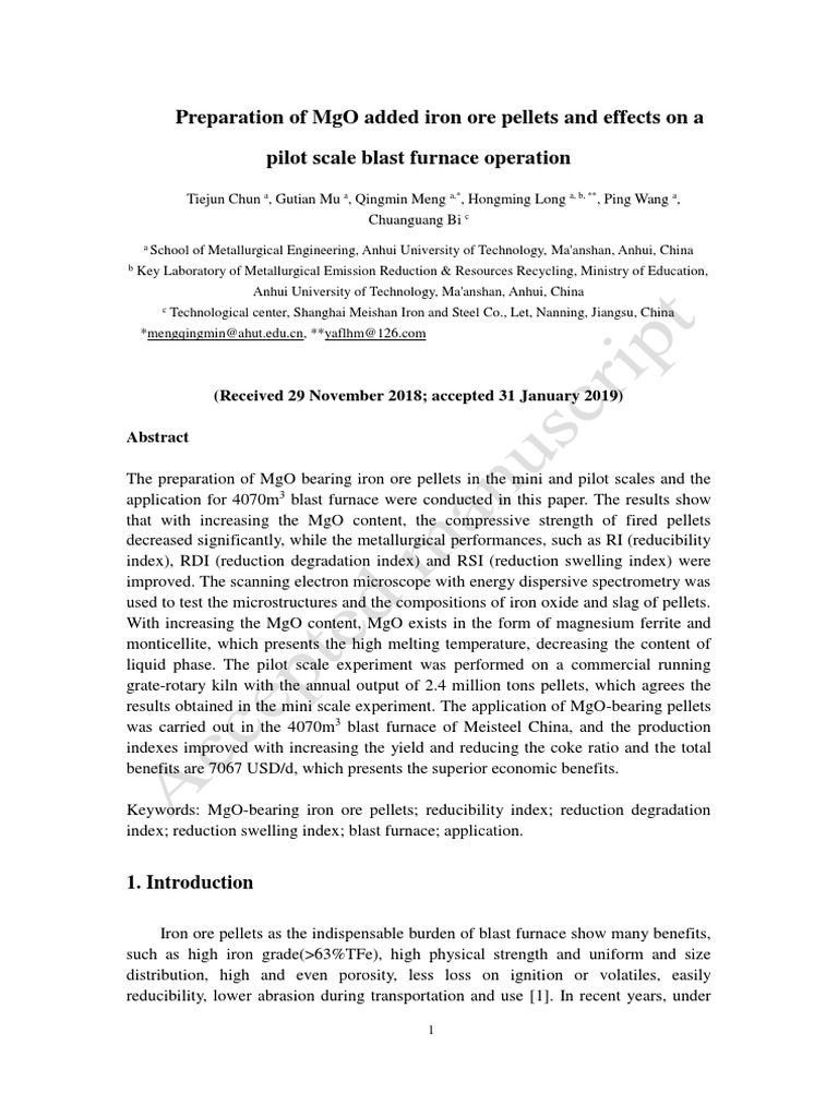 Preparation of MgO Added Iron Ore Pellets and Effe | PDF | Blast ...