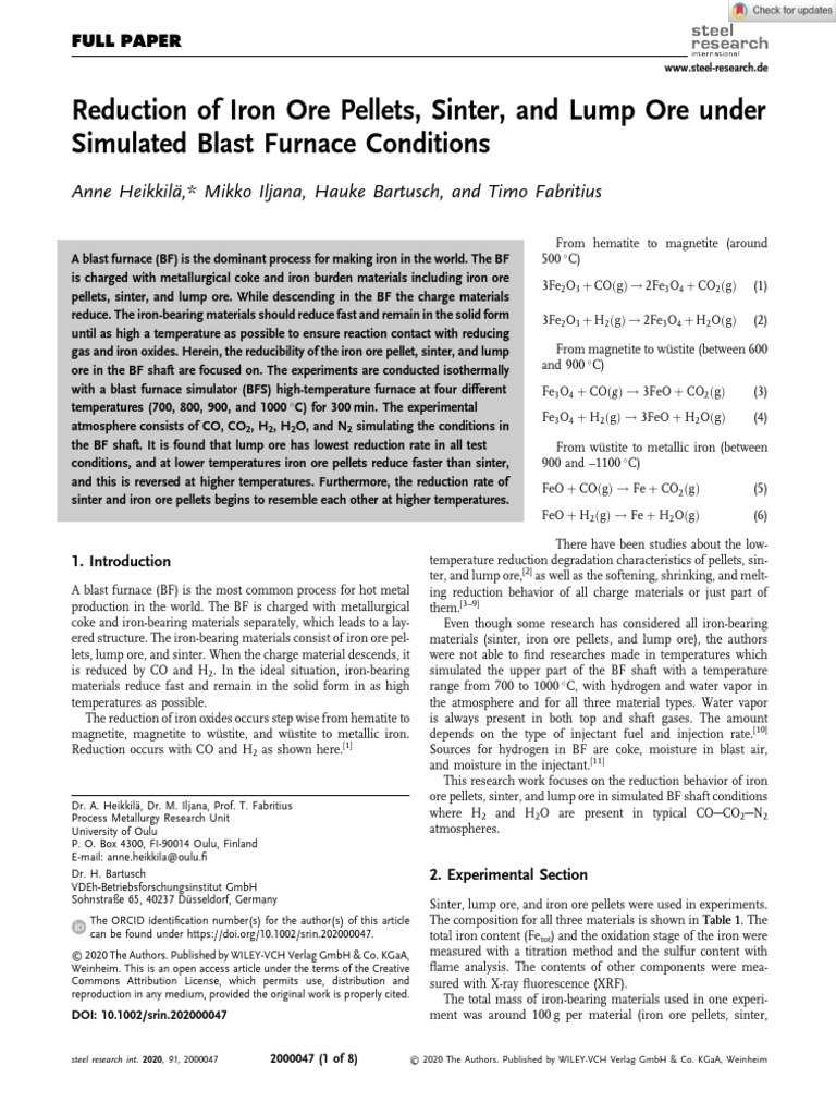 Reduction Of Iron Ore Pellets Sinter And Lumps In Blast Furnace Pdf Iron Ore Iron
