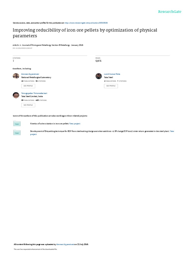 Improving Reducibility of Iron Ore Pellets by Optimization of Physical Parameters | PDF | Iron ...