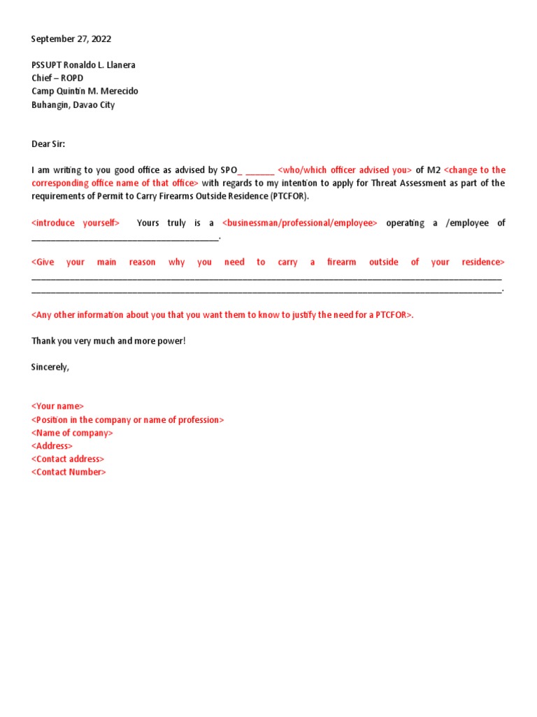 Request Letter For Threat Assessment PTCOR - SAMPLE | PDF
