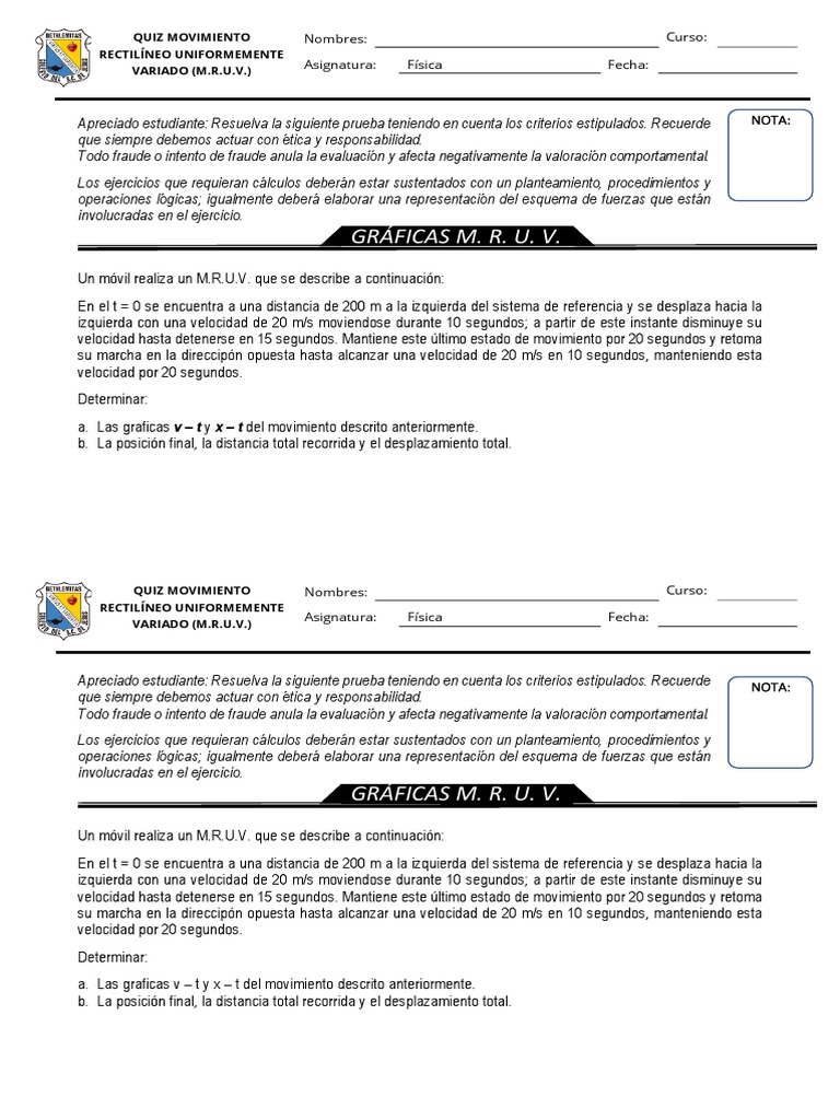 QUIZ GRÁFICAS MRUV NOVENO 09 (Supletorio) | PDF | Velocidad | Física