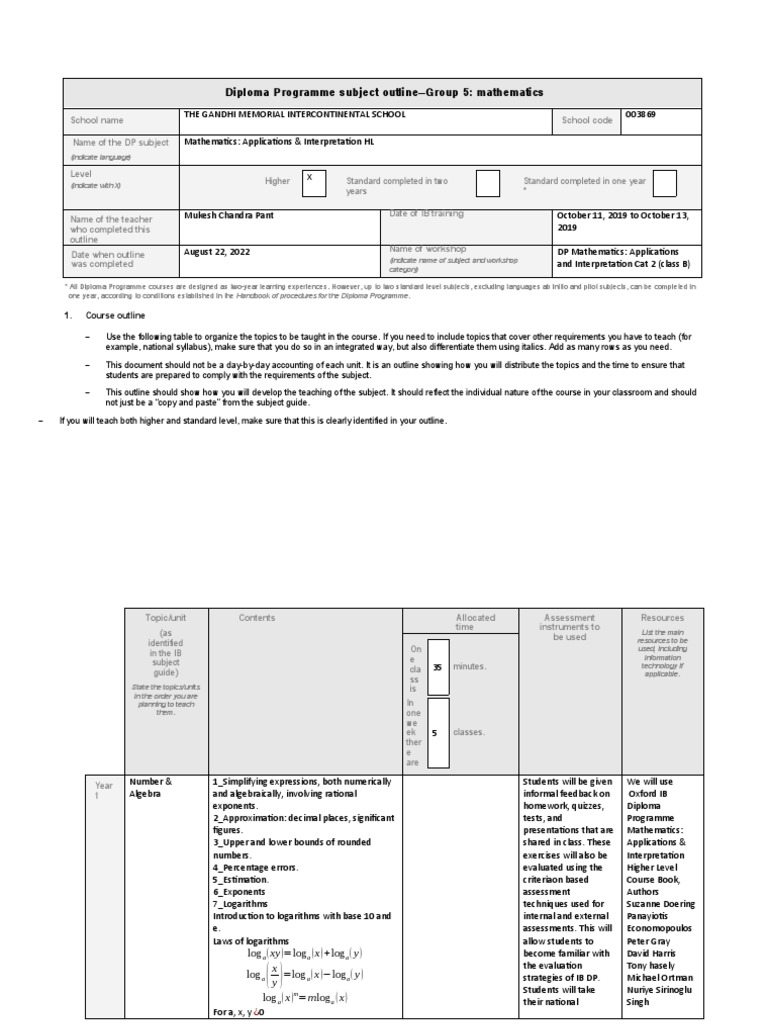 IBDP Math Applications & Interpretation HL COURSE OUTLINES | PDF ...