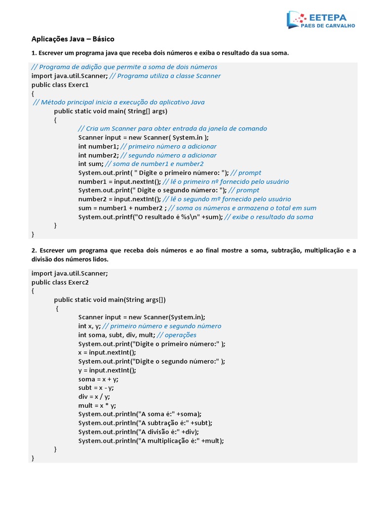 LPII - Atividades Práticas - Java Básico | PDF | Java (linguagem de ...