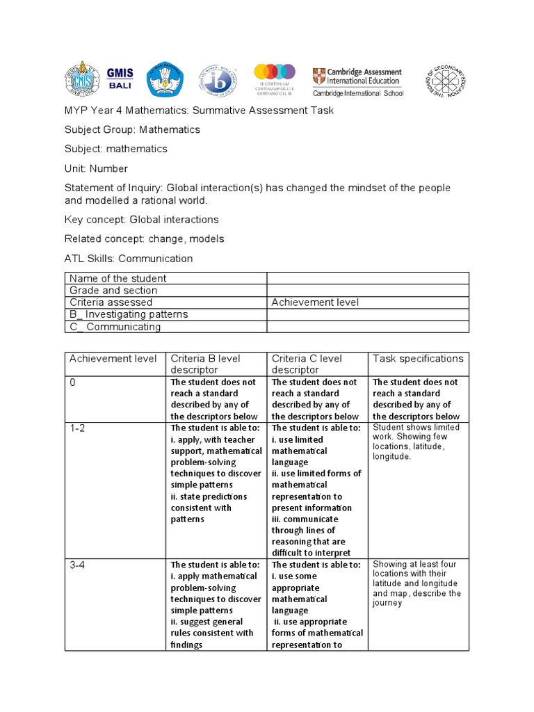 MYP Year 4 Math Assessment: Columbus Voyage | PDF | Mathematics | Longitude