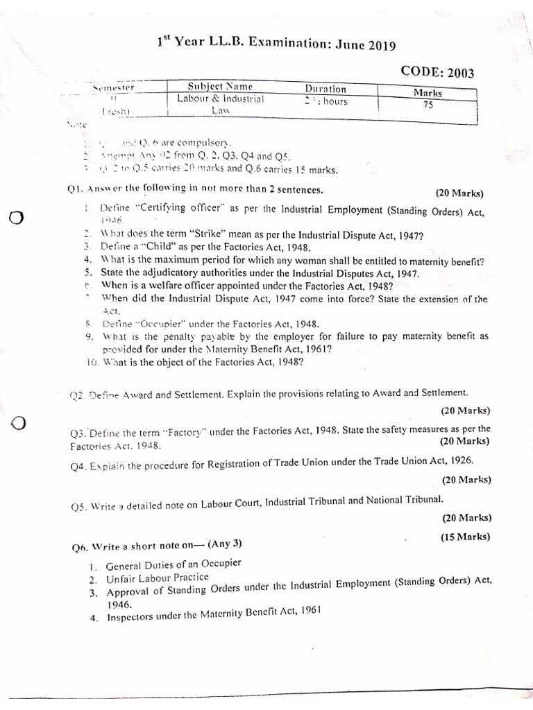 1st Yr LLB - Labour Law Question Papers | PDF