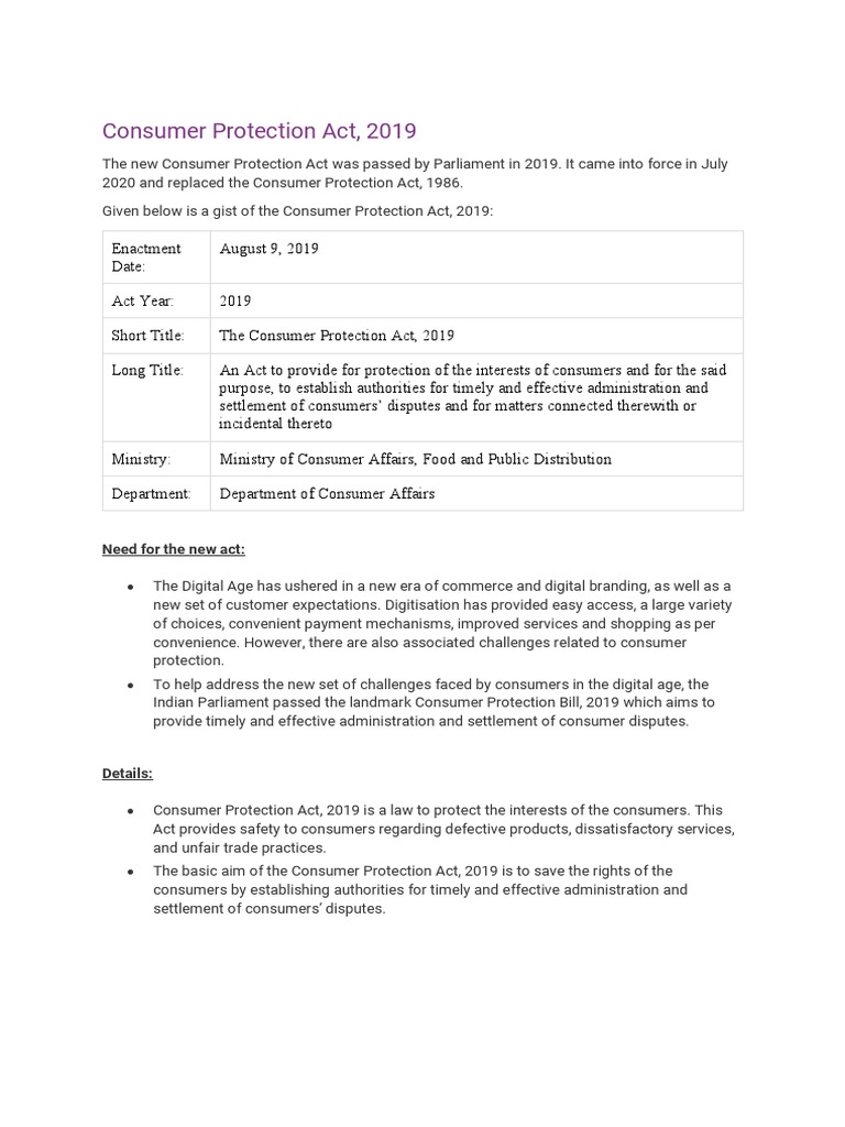 Consumer Protection Act 2019 Overview | PDF | Consumer Protection | E ...