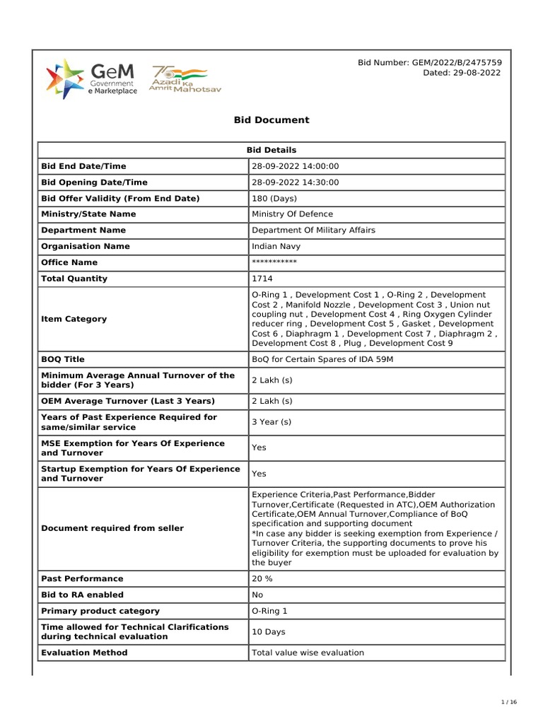 GeM Bidding 3723262 | Download Free PDF | Specification (Technical Standard) | Procurement
