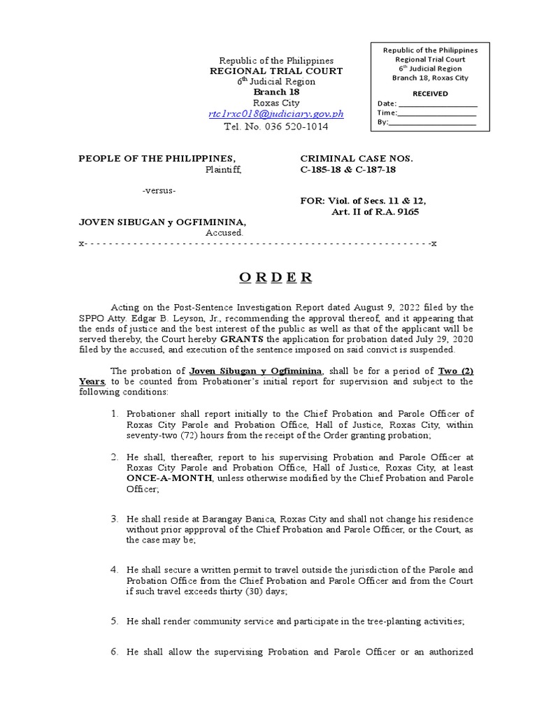 Order Granting Probation C 185 18 To C 187 18. 09 22 22 | PDF ...