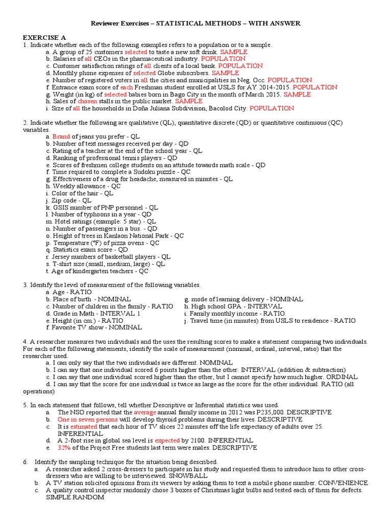 Reviewer Exercises STATISTICAL METHODS With Solution | PDF | Type I And Type Ii Errors | Statistics