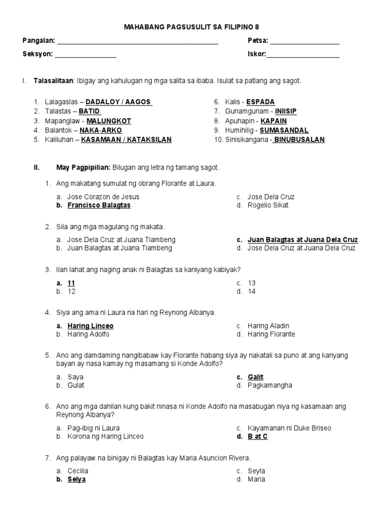 Pagsusulit Grade 8 (May Sagot) | PDF