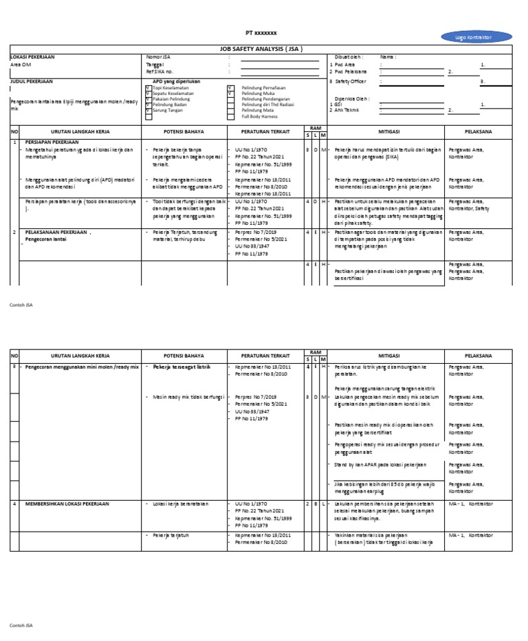 Contoh Job Safety Analysis (JSA) | PDF