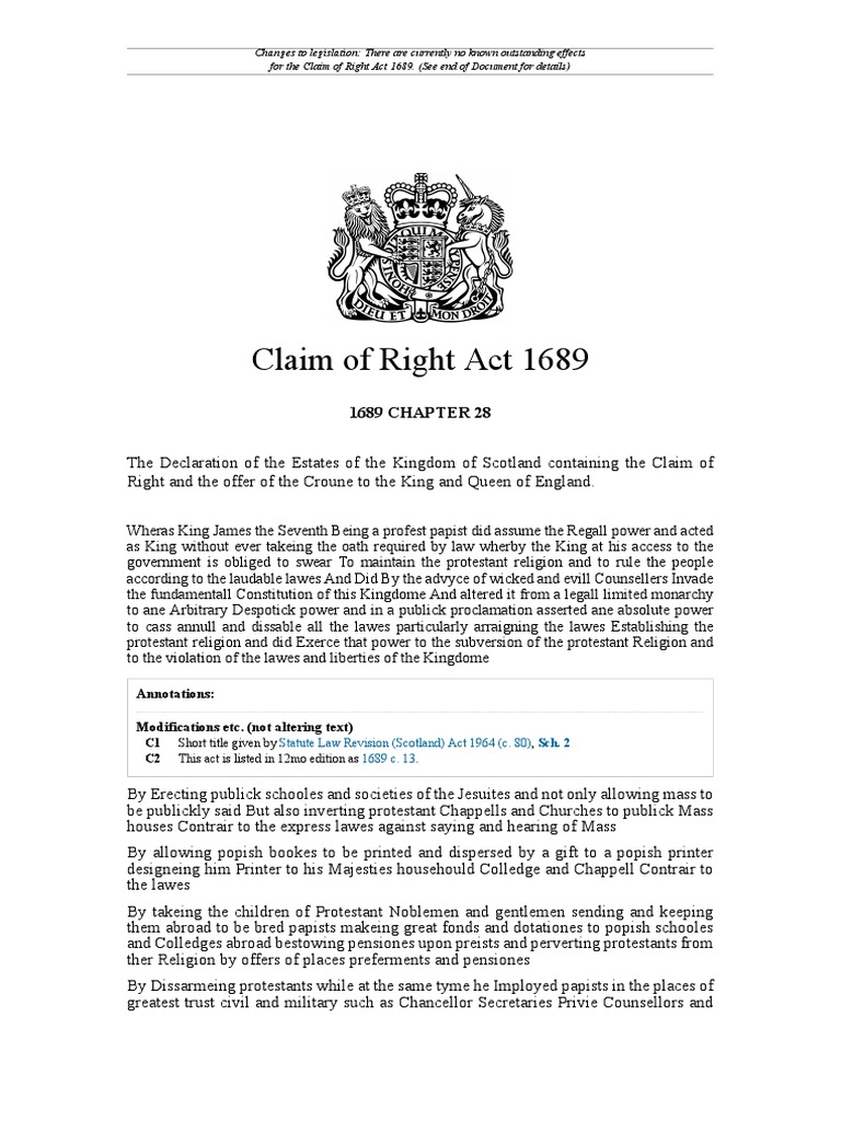Claim of Right Act 1689 | PDF | Oath Of Office | Justice Of The Peace