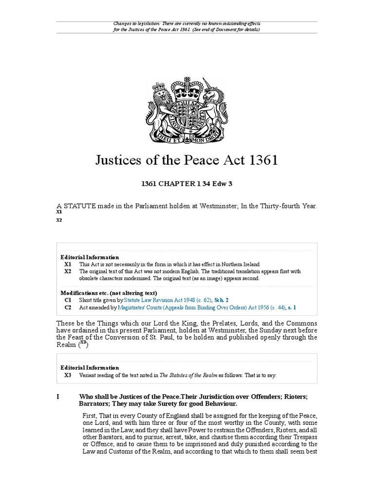 Justices of The Peace Act 1361 | PDF | Justice Of The Peace | Ethical ...