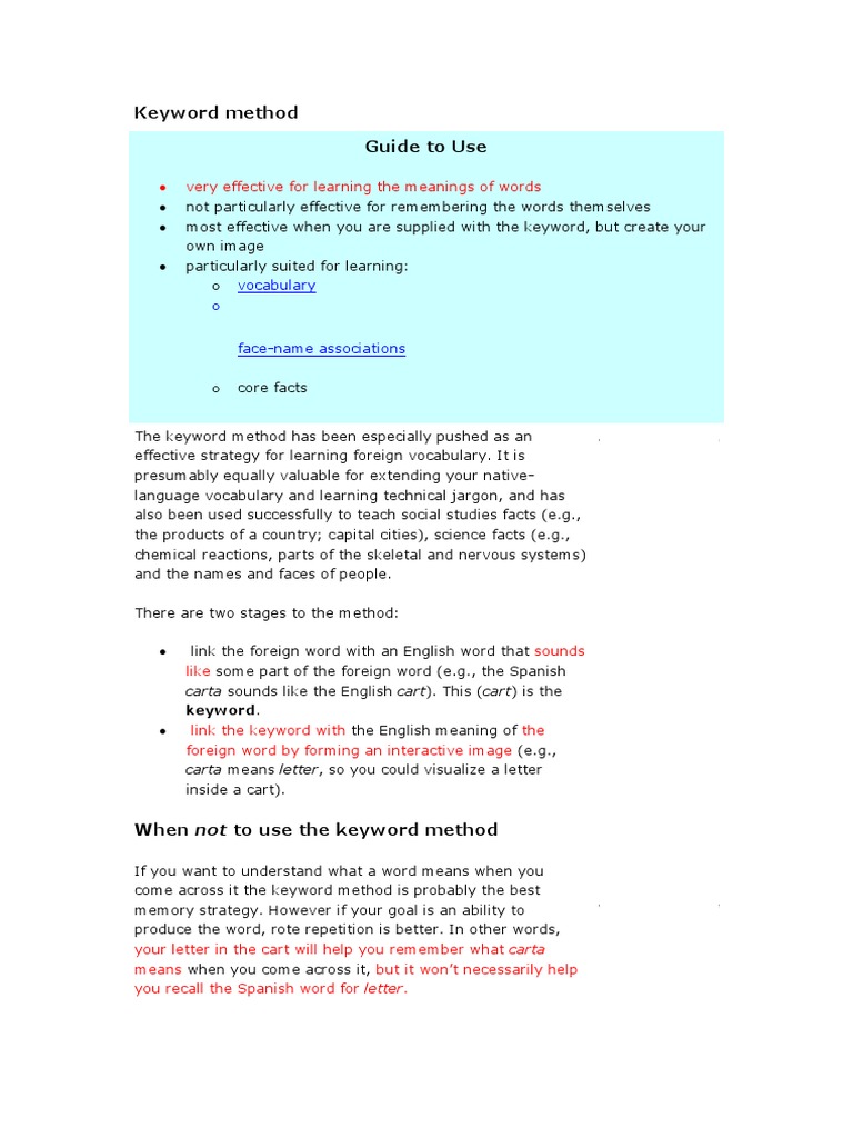 Memory-Keyword Method | PDF | Mnemonic | Recall (Memory)