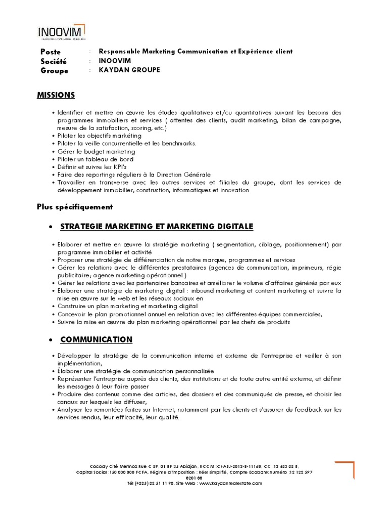 Fiche de Poste Responsable Marketing - Communication - Experience ...