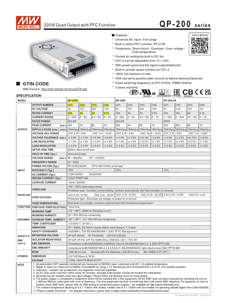 QP 200 Spec | PDF | Power Supply | Electronic Engineering