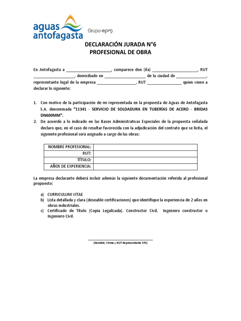 Declaracion Jurada 6 - Profesional de Obra 11341 | PDF
