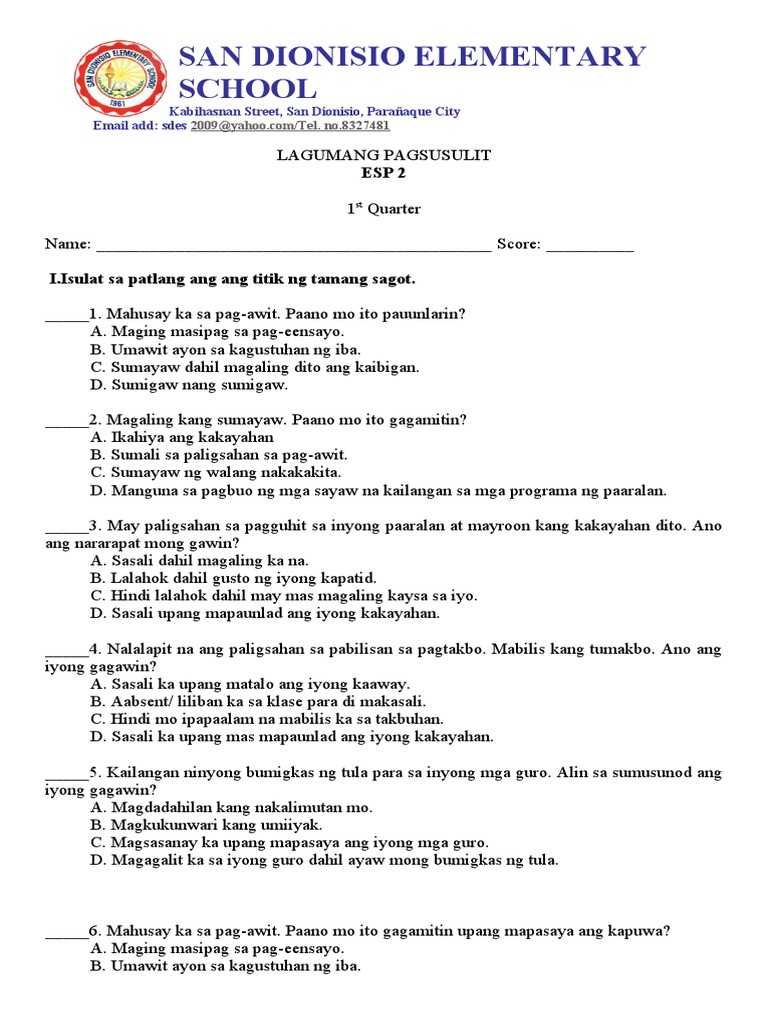Lagumang Pagsusulit Sa EsP 2 | PDF