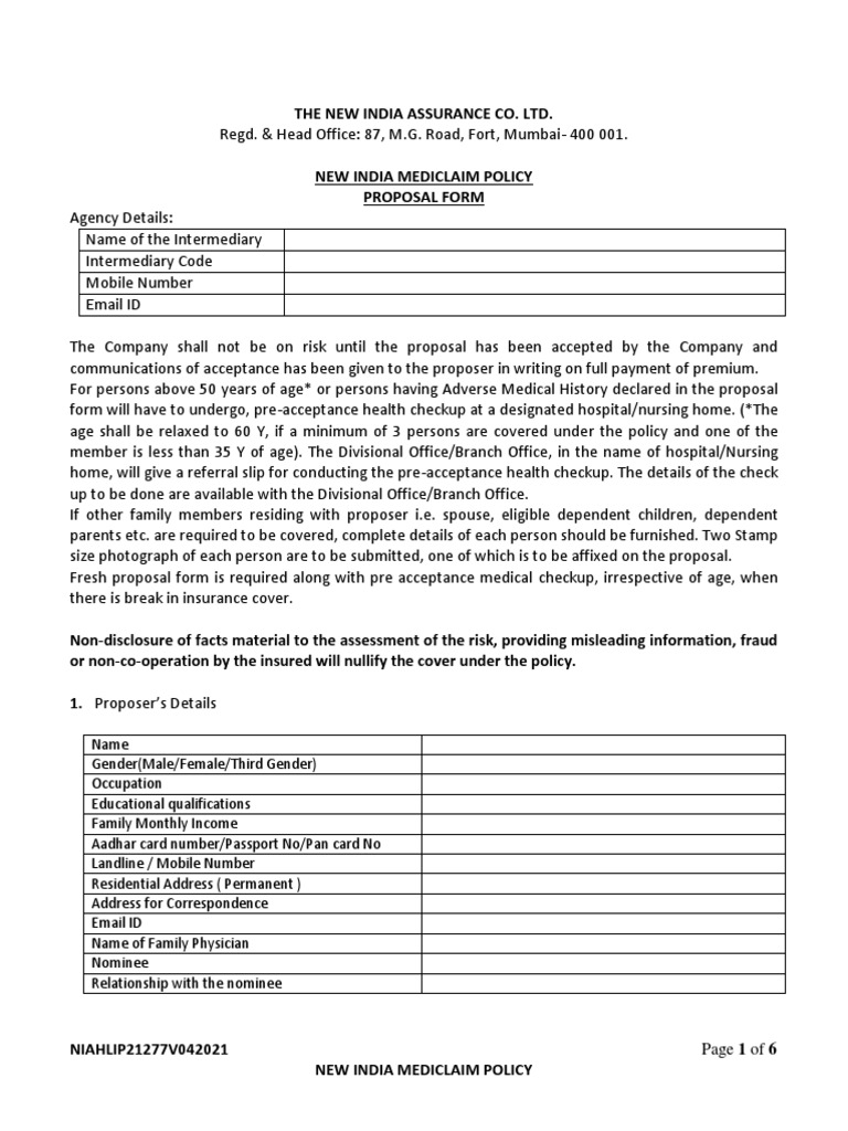 Proposal Form New India Mediclaim Policy 01102021 | PDF | Insurance ...