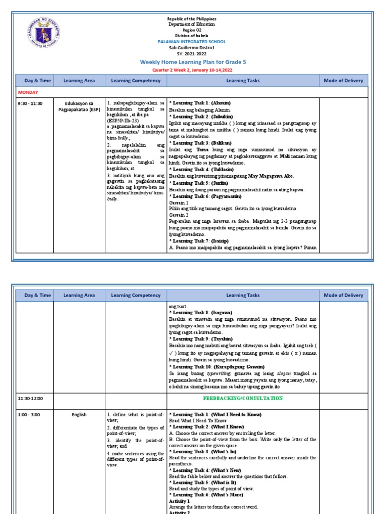 Grade 5 - All Subjects - WHLP - Q2 - W2 | PDF