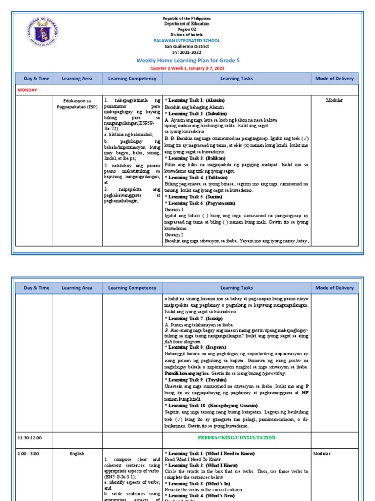 Grade 5 - All Subjects - WHLP - Q2 - W1 | PDF