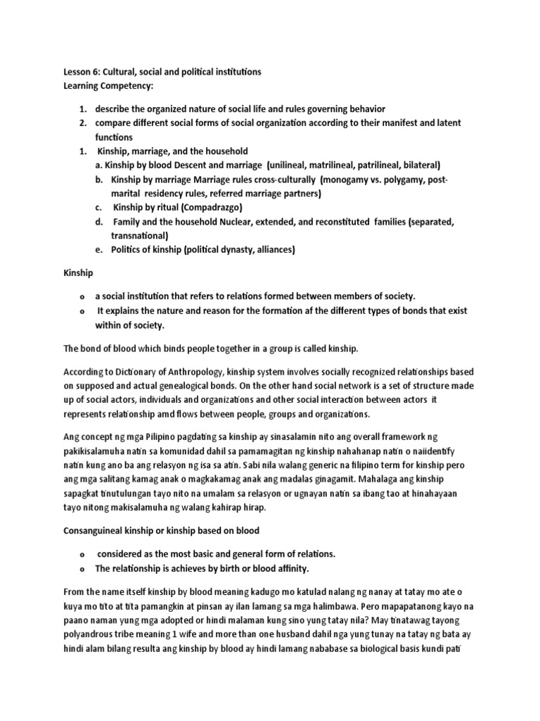 Cultural, social and political institutions described | PDF | Family ...