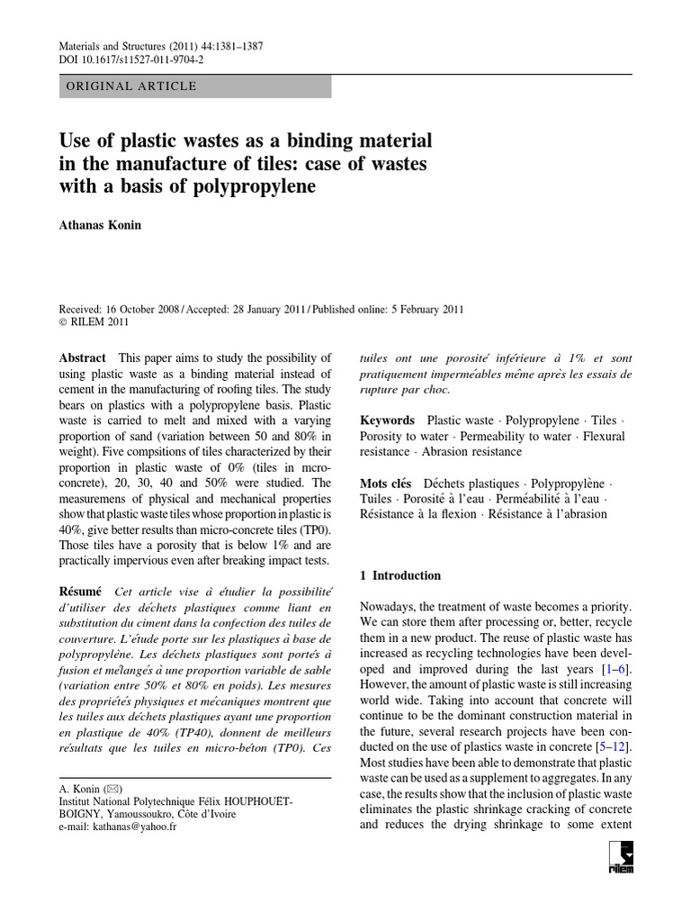 Use of Plastic Wastes As A Binding Mater | PDF | Concrete | Plastic
