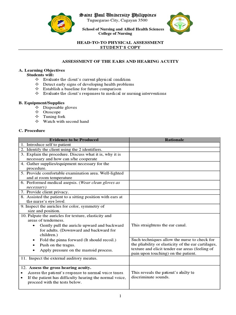 Student Checklist ASSESSMENT of The EARS and HEARING ACUITY | PDF ...