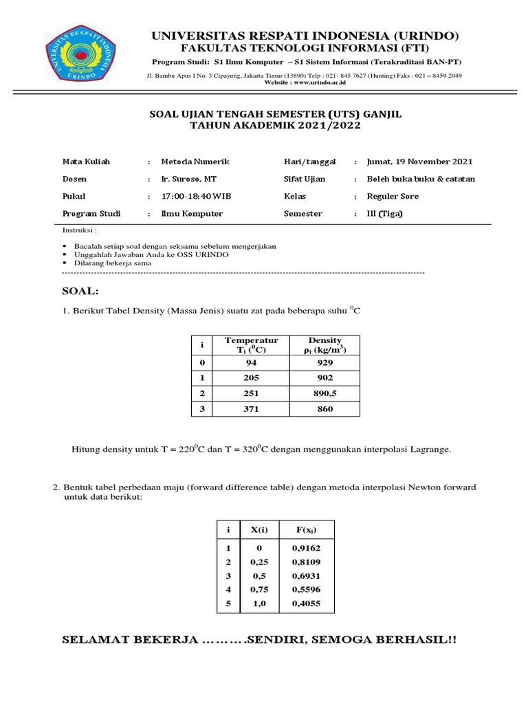 SOAL UTS Metode Numerik IK REG SORE GANJIL TA 2021 2022 | PDF