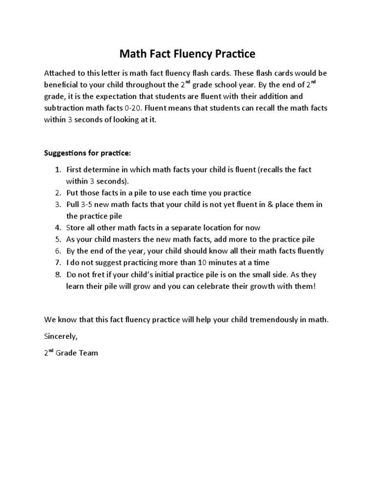 Math Fact Parent Letter | PDF