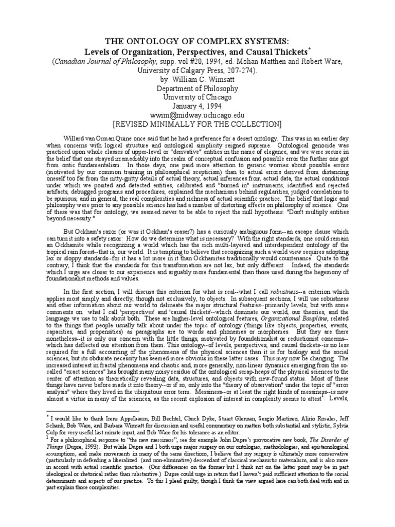 Wimsatt 94 - The Ontology of Complex Systems | PDF | Reductionism ...