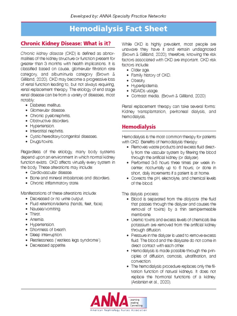 Hemodialysis Fact Sheet | PDF | Chronic Kidney Disease | Hemodialysis