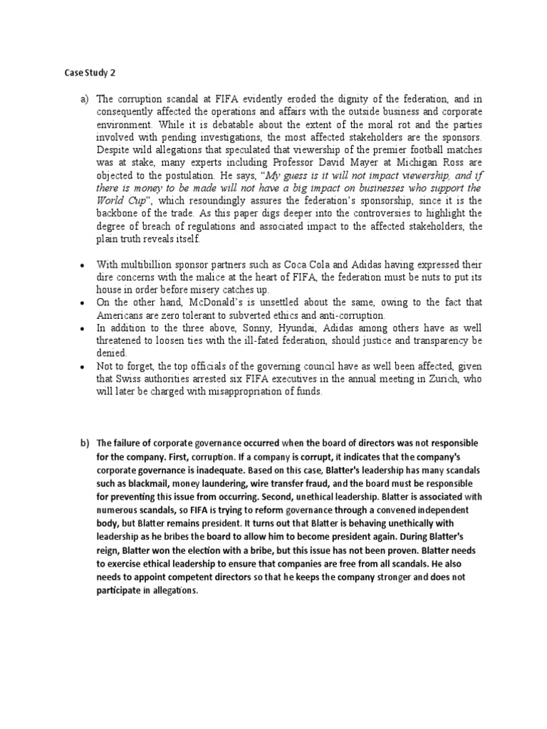 JAWAPAN CASE STUDY 2 ETHICS | PDF | Fifa | Corporate Governance