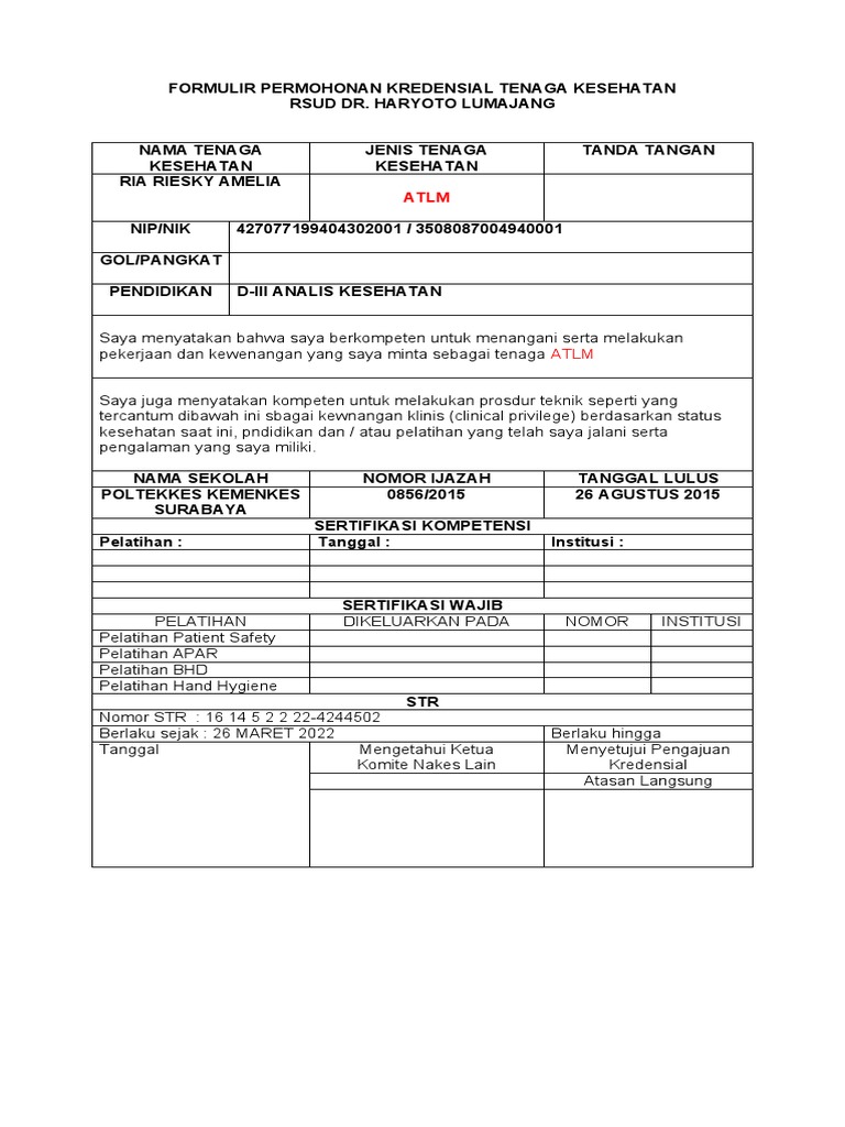 Formulir Permohonan Kredensial Tenaga Kesehatan Ria | PDF