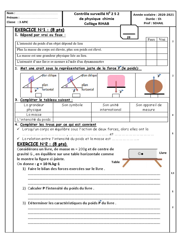 Contrôle de Physique 3AC Semestre 2 | PDF | Poids | Masse