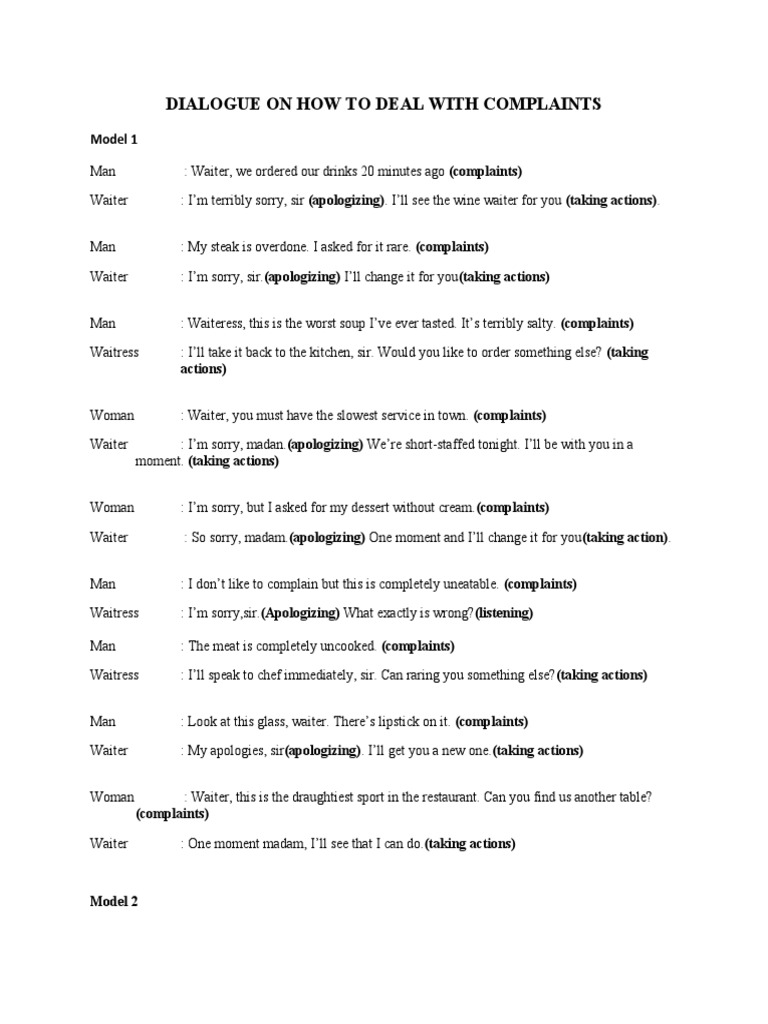 Dealing With Complaint (Model Dialogue) | PDF | Waiting Staff | Gastronomy