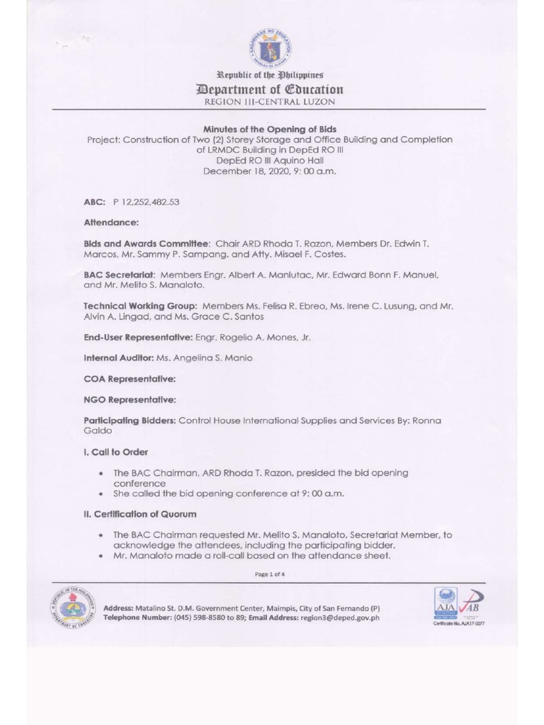 Minutes of The Opening of Bids For Two Storey Storage and Office ...