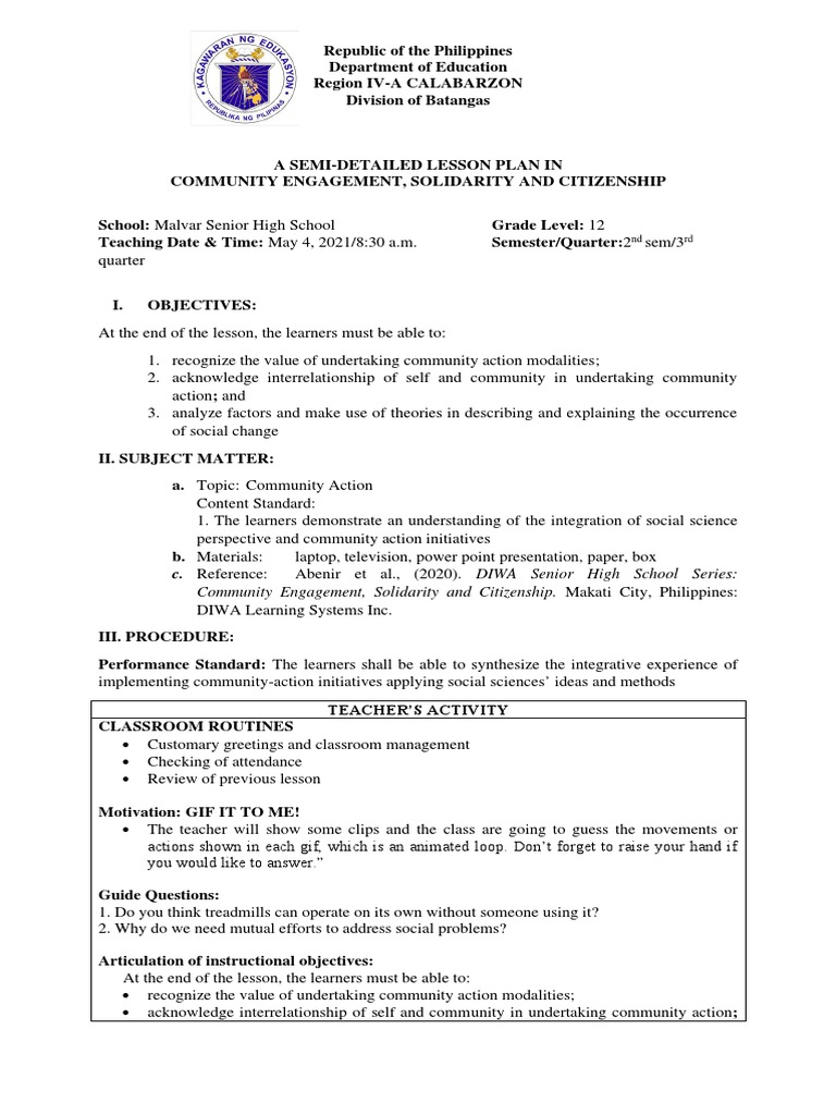 Semi-Detailed Lesson Plan - Community Engagement | PDF | Learning ...