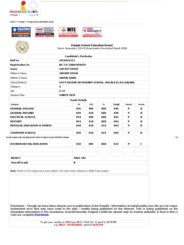 Punjab School Education Board Matriculation Examination Result March ...