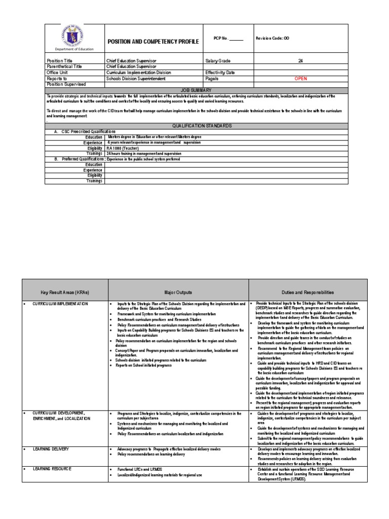 Inclosure 1b Cid Position and Competency Profile | PDF | Curriculum | Educational Assessment